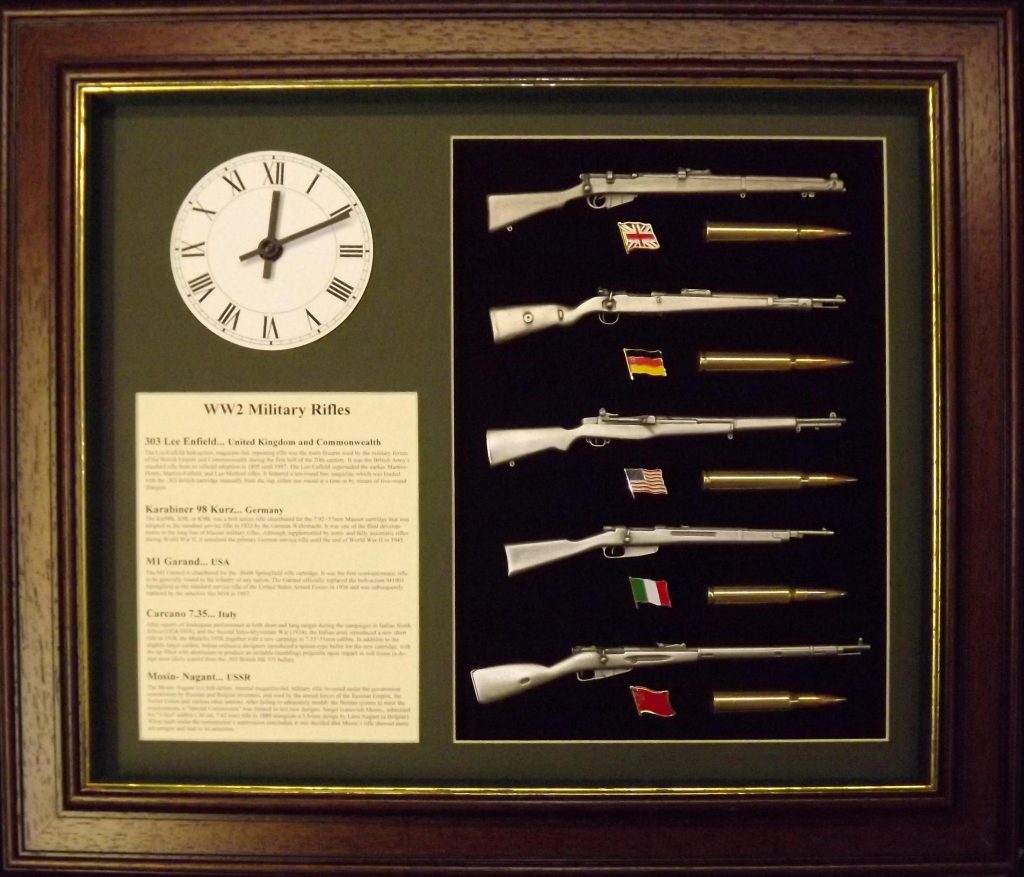 Wall mounted 1/6 pewter gun collection with clock – WW2 Rifles – Smith ...